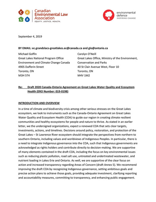 9th Canada-Ontario Agreement on Great Lakes Water Quality and Ecosystem ...