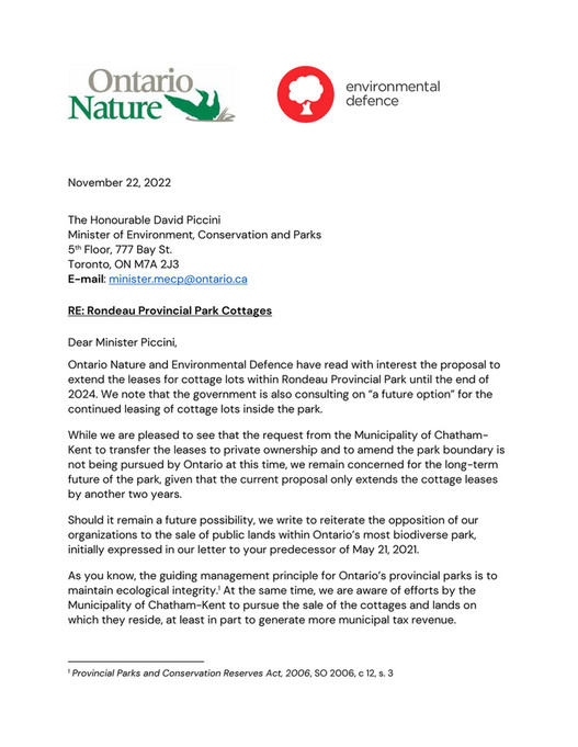 Joint letter to Minister Piccini re: Rondeau Provincial Park - Page 1
