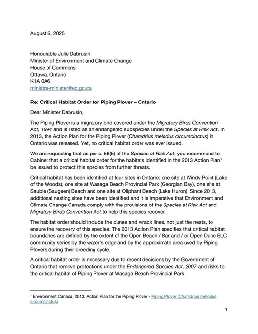 Joint Letter to Federal Minister RE: Critical Habitat Order for Piping ...